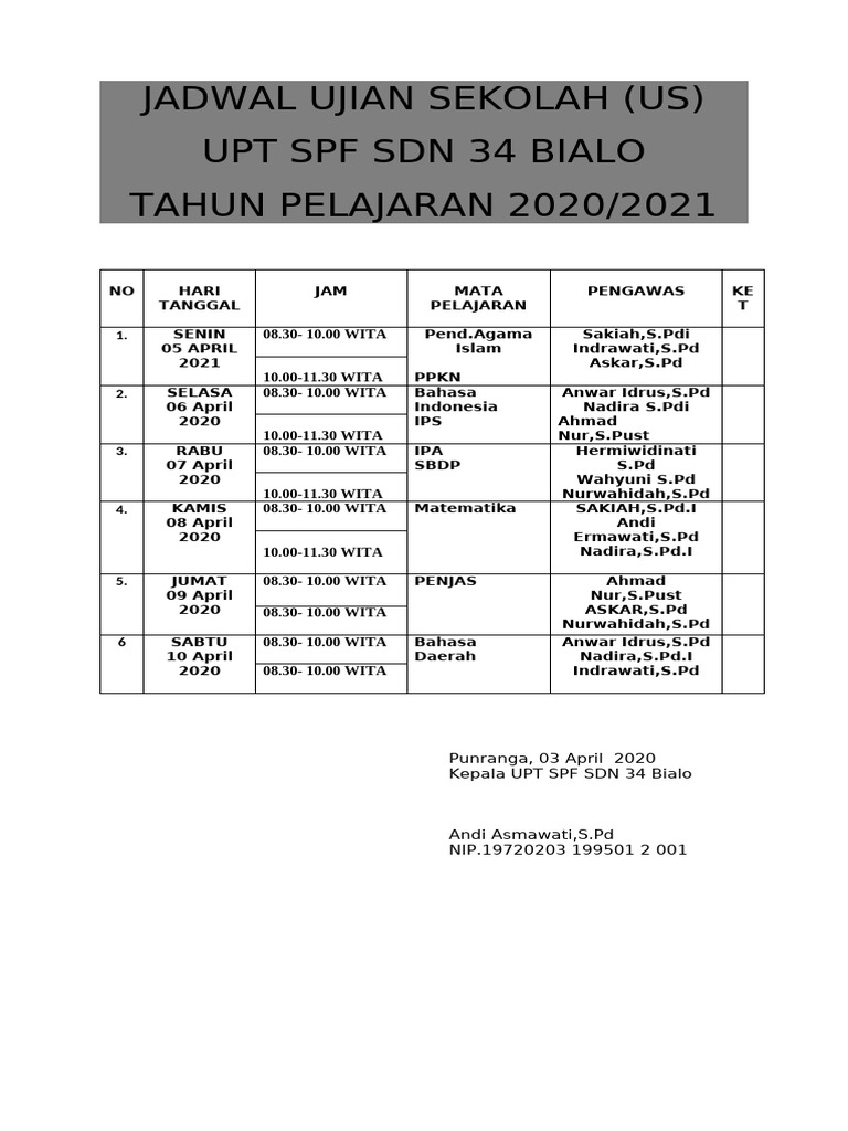 Jadwal Ujian SDN 34 Bialo 2021 | PDF