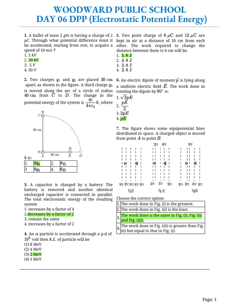 Day 06 DPP (Electrostatics Potential Energy) | PDF | Potential Energy | Electric Field