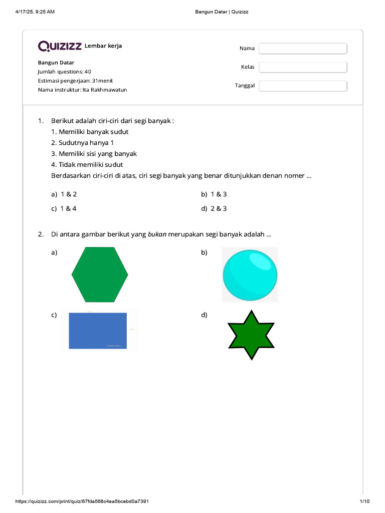 Kuis Bangun Datar dan Segi Banyak | PDF