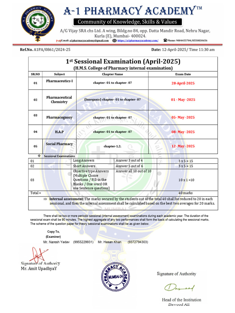 1st Sessional Examination (April To May - 2025) | PDF | Educational ...