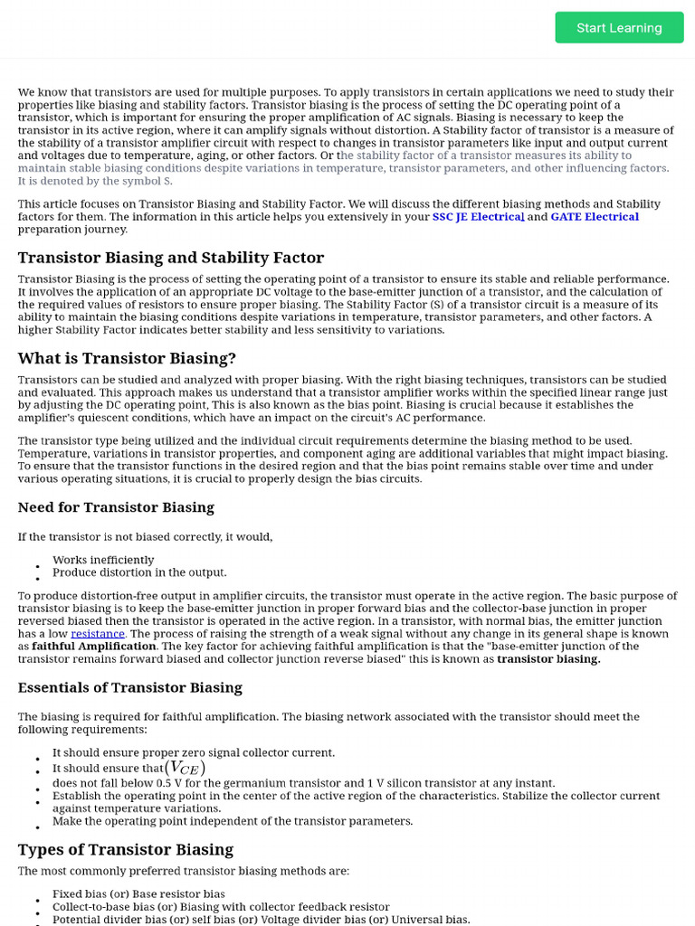 Transistor Biasing and Stability Factor - Biasing Methods, Uses & Stability Factors | PDF