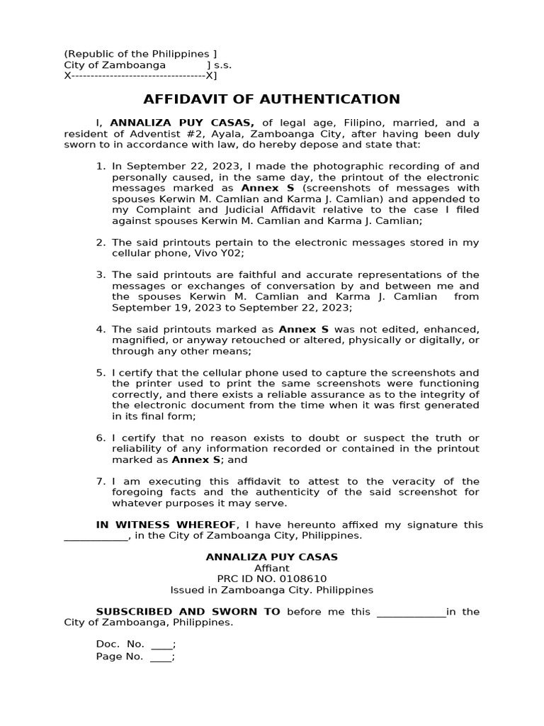 Affidavit of Authentication Analiza Puy Casas | PDF | Affidavit