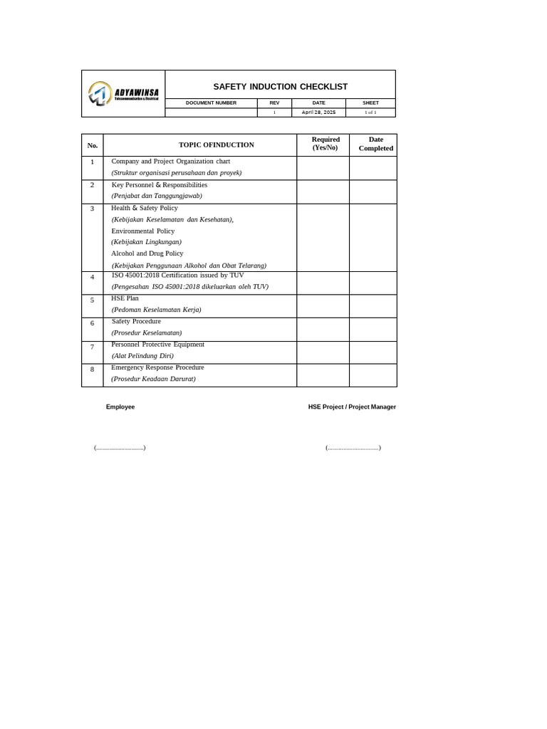 Safety Induction Checklist (Lampiran E) | PDF