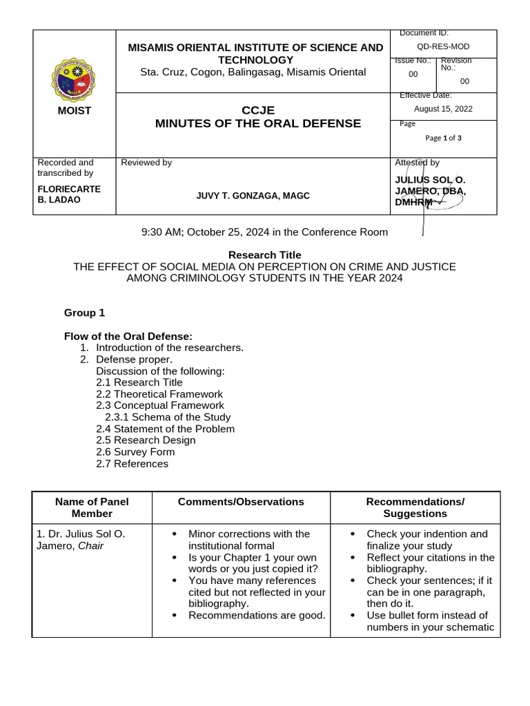 CCJE G1 Minutes of The Oral Defense | PDF