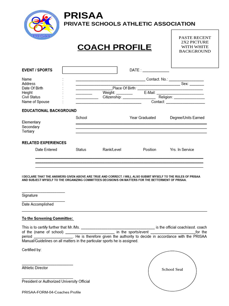 PRISAA Coach Profile Form | PDF | Justice | Crime & Violence