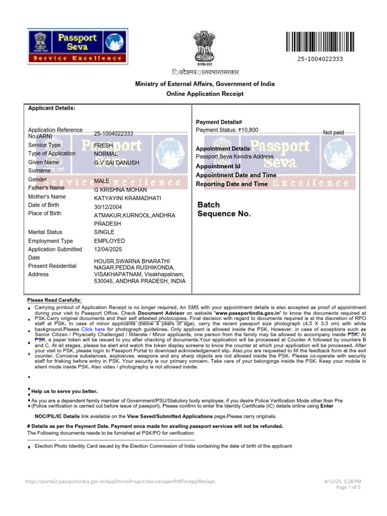 Passport Appointment Receipt Details | PDF | Government And Personhood