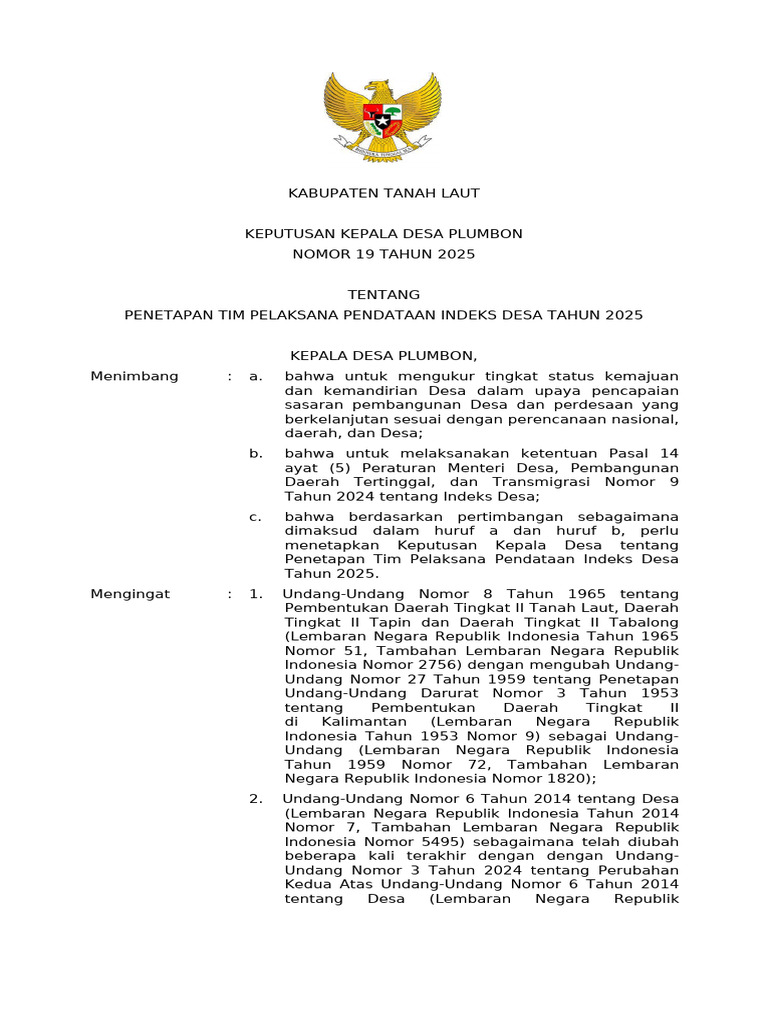 Contoh SK Kades Tim Pendataan Indeks Desa 2025 | PDF