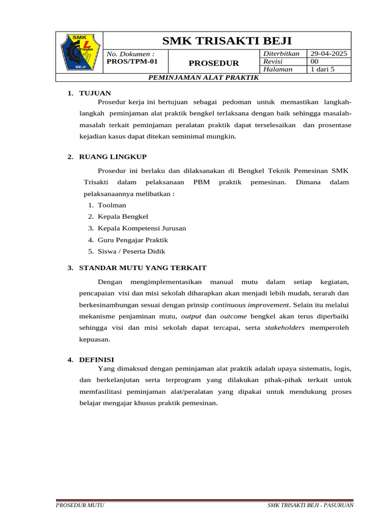 Prosedur Peminjaman Alat | PDF