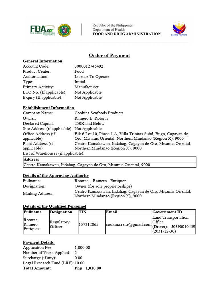 FDA Order - of - Payment - 1 | PDF