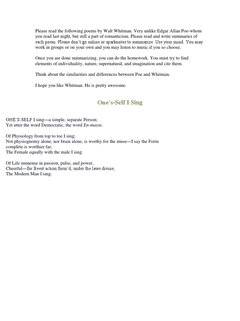 Walt Whitman Poems and Assignment | PDF