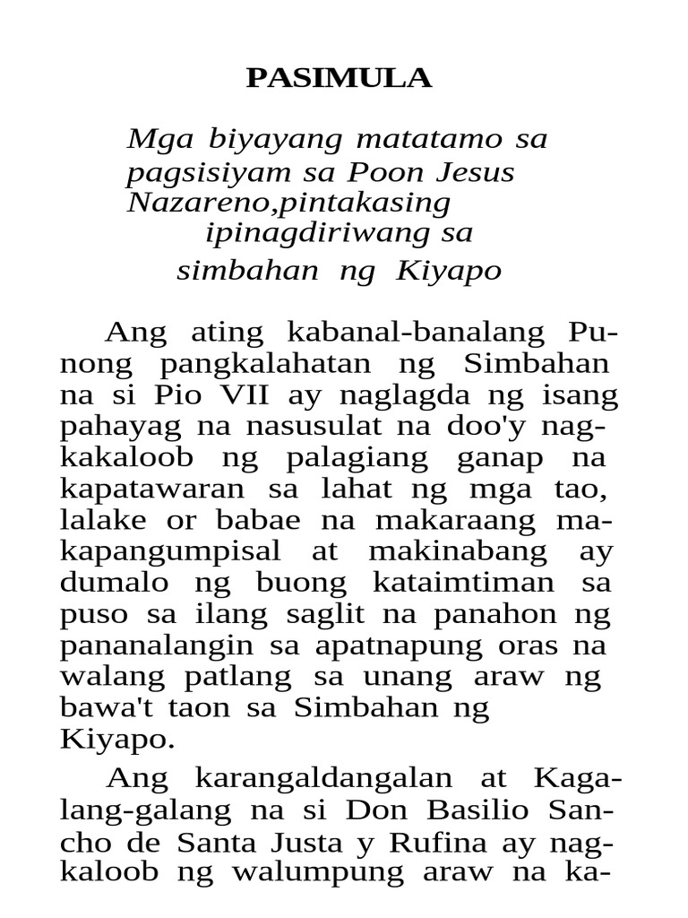 Mga Biyayang Matatamo Sa Pagsisiyam Sa Poon Jesus Nazareno, Pintakasing ...