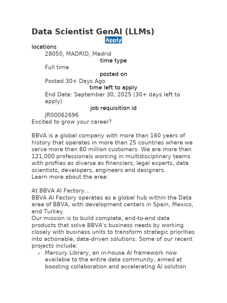 BBVA Madrid Data Scientist GenAI (LLMS) | PDF | Artificial Intelligence | Intelligence (AI ...