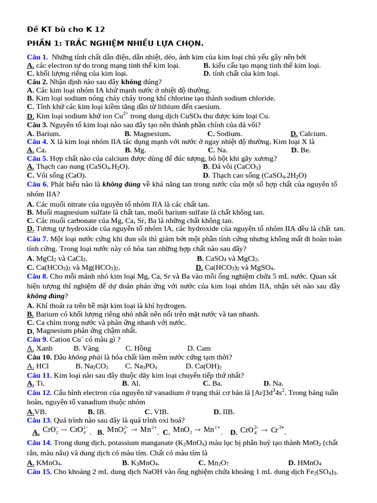 Đề KT bù cho K 12 | PDF