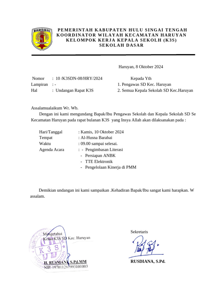 Undangan rapat K3S Oktober 2024 | PDF