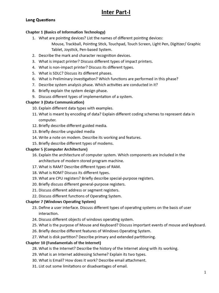 Inter Part-I Important Questions and MCQs | PDF | Computer Network ...