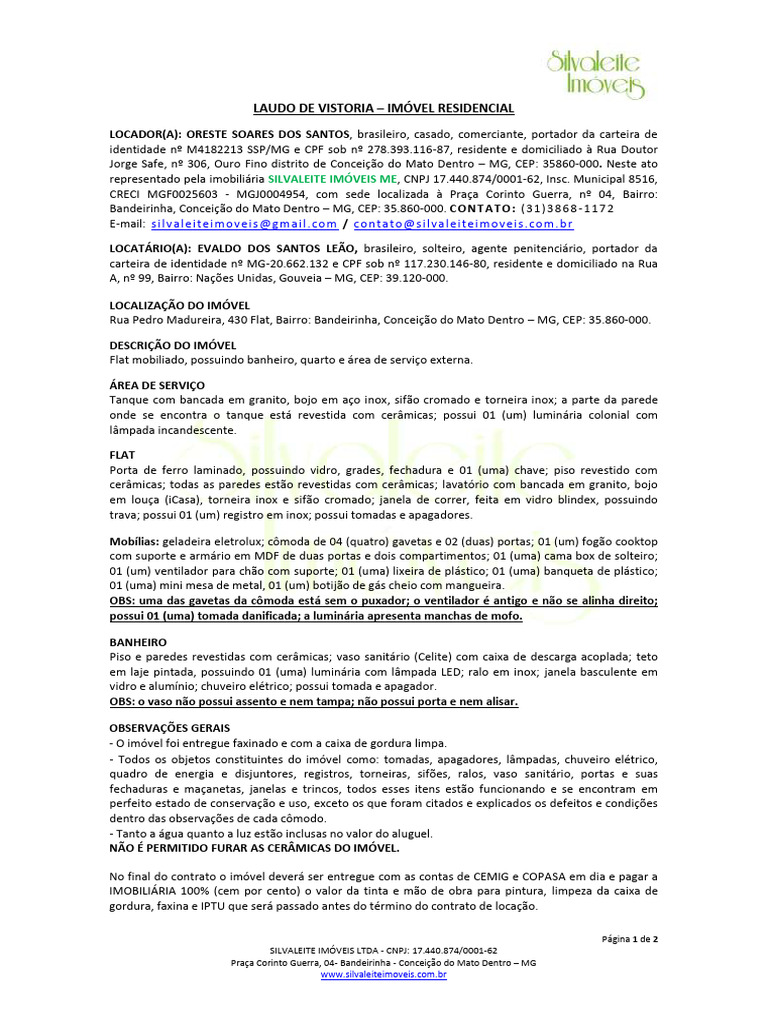 Laudo de Vistoria de Imóvel Residencial | PDF | Aluguel | Chuveiro