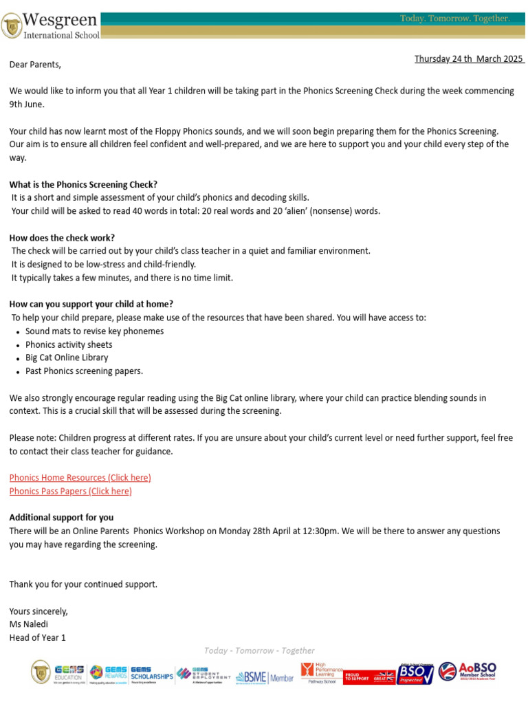 Phonics Screening Letter | PDF