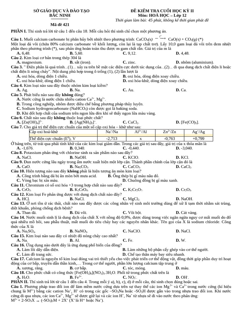 421 de Hoc Ki 2 Lop 12 Bac Ninh | PDF