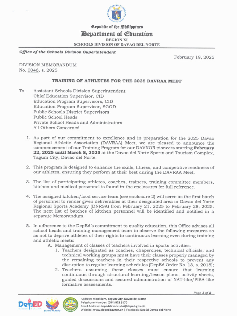 DM 0046, S. 2025 - Training of Athletes For The 2025 Davraa Meet | PDF