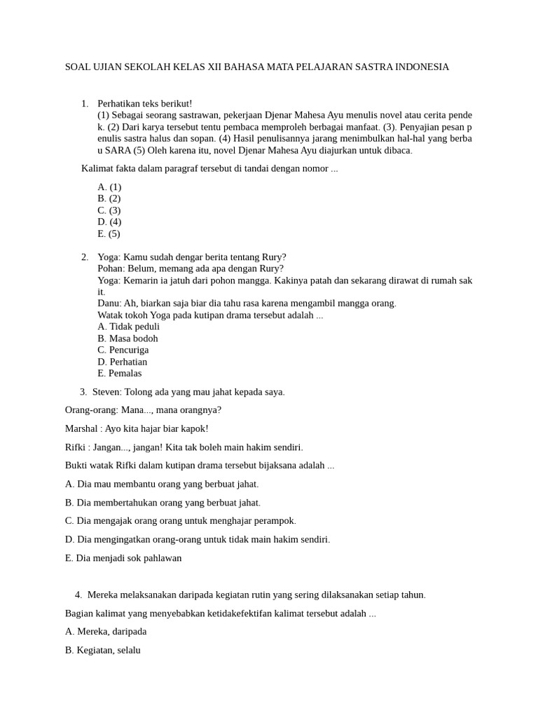 Soal Ujian Sekolah Kelas Xii Bahasa Mata Pelajaran Sastra Indonesia | PDF