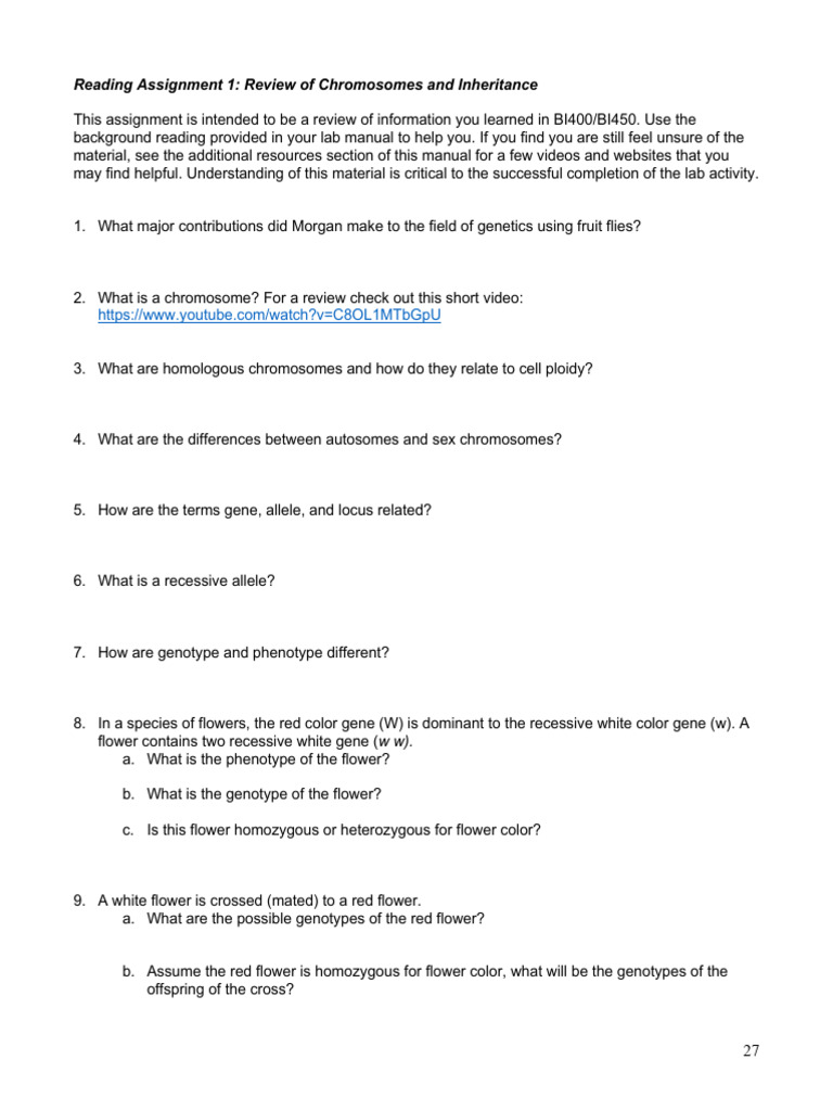 CW - Reading Assignment Chromosomes | PDF | Dominance (Genetics) | Genotype