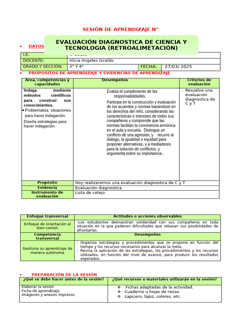 SESIÓN DE APRENDIZAJE EVALUACIÓN DIAGNOSTICA C.T | PDF | Evaluación | Aprendizaje