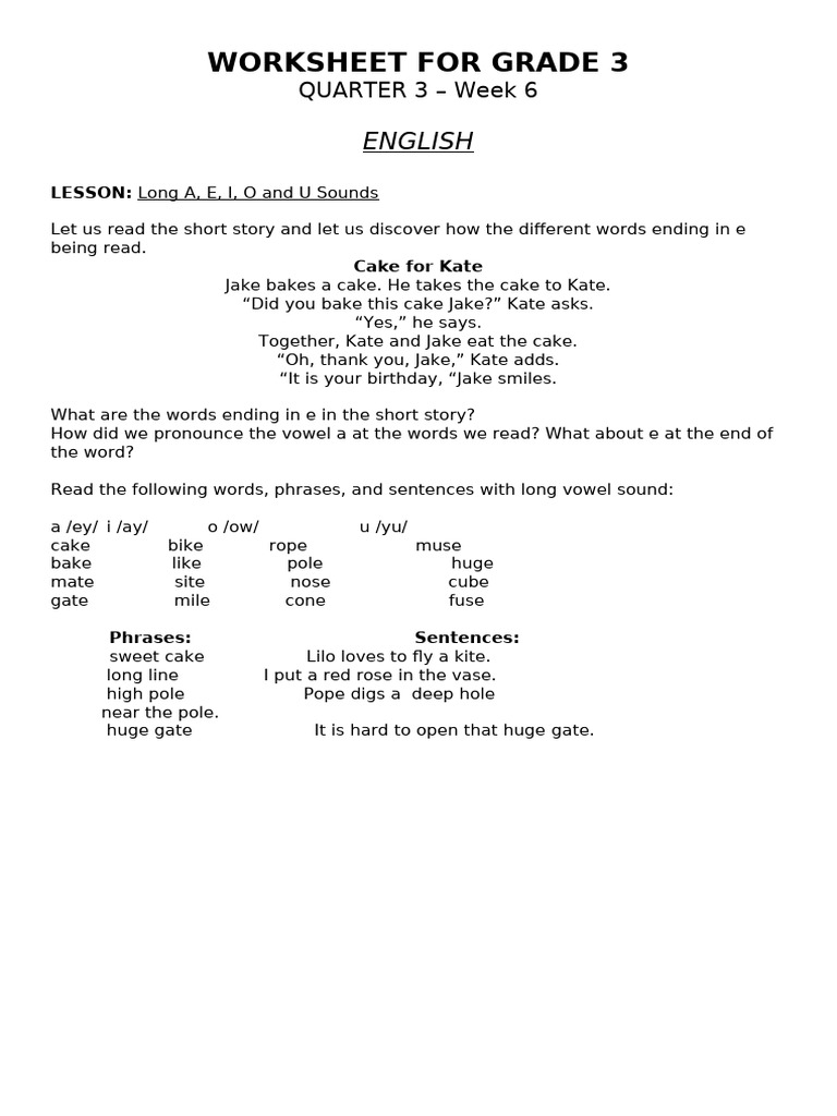 Grade 3 Long Vowel Sounds Worksheet | PDF