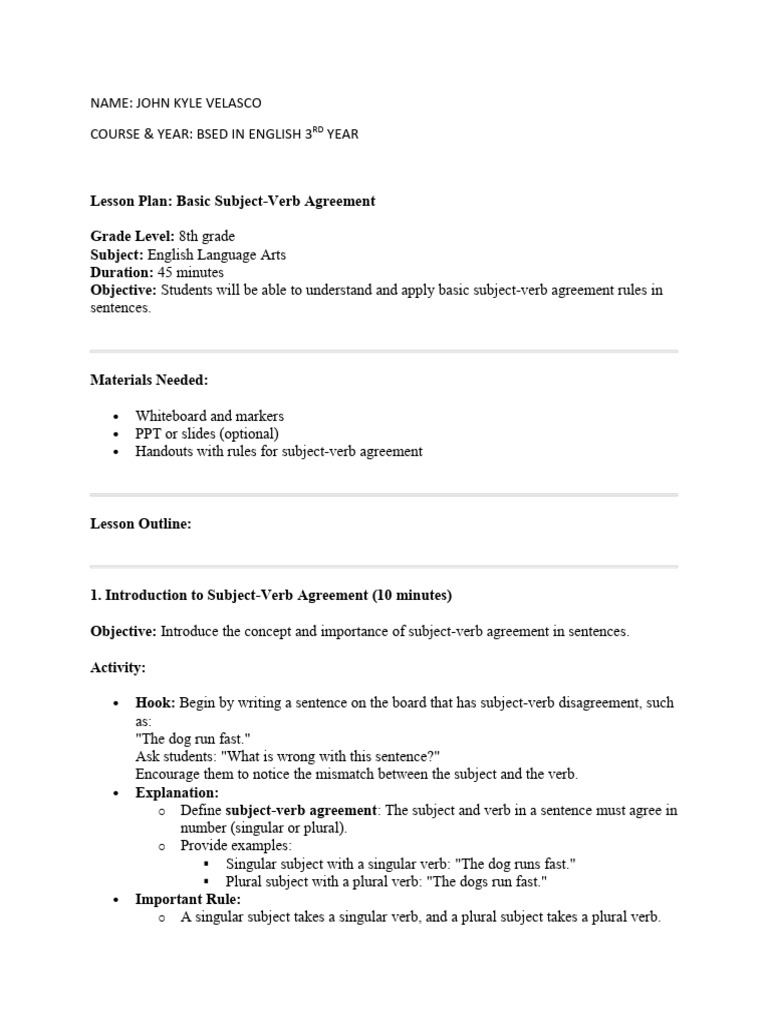Lesson Plan Subject Verb Agreement Jkv. | PDF | Grammatical Number | Verb