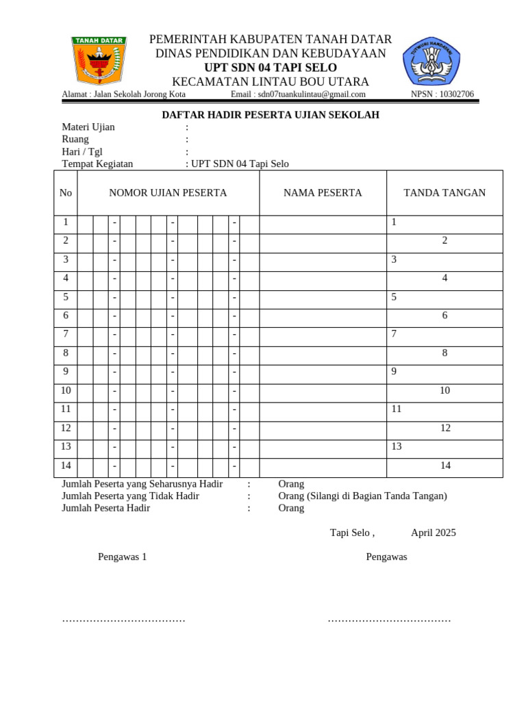 Daftar Hadir Peserta Ujian Sekolah | PDF