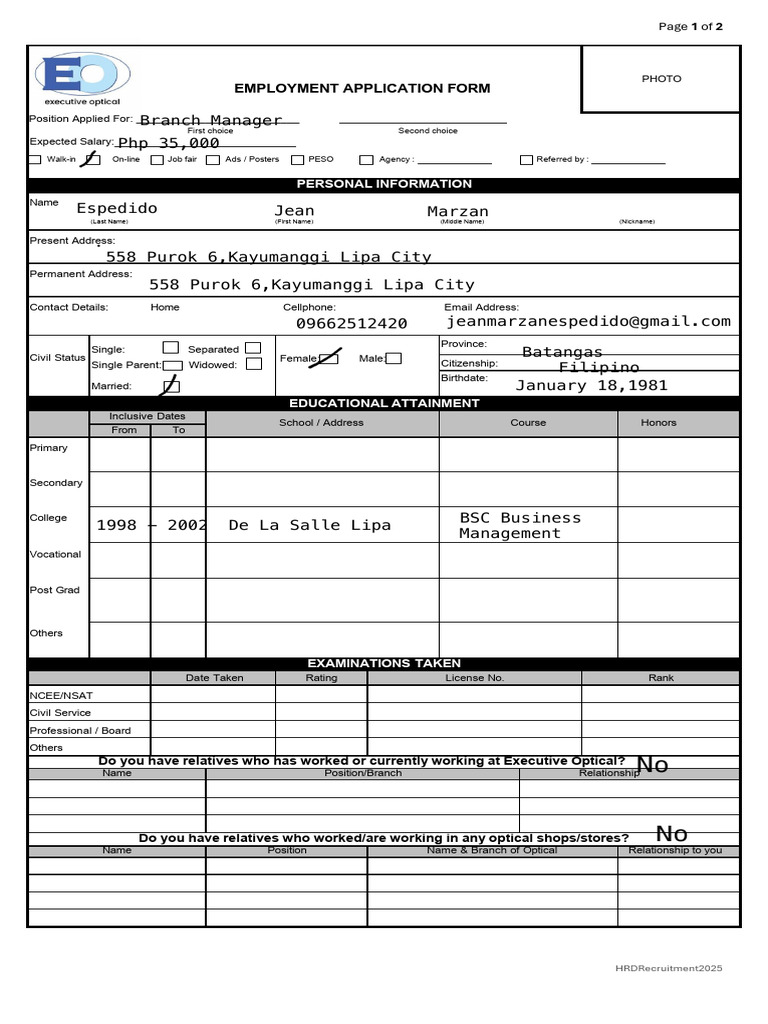 EO Employment Application Form 2025 | PDF
