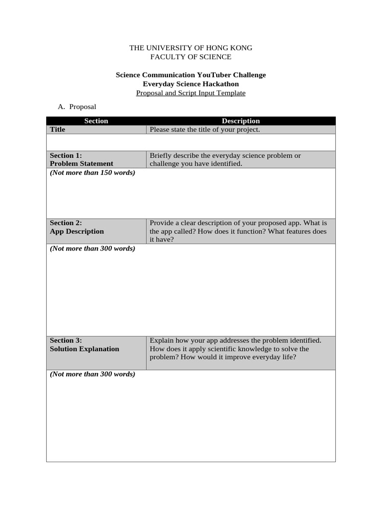 Everyday Science Hackathon Proposal Script Input Template | PDF