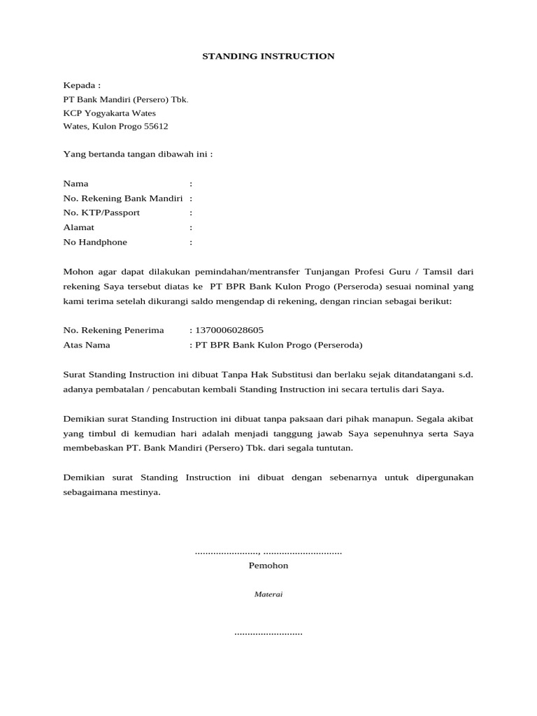 Contoh Surat Standing Instruction Bank | PDF