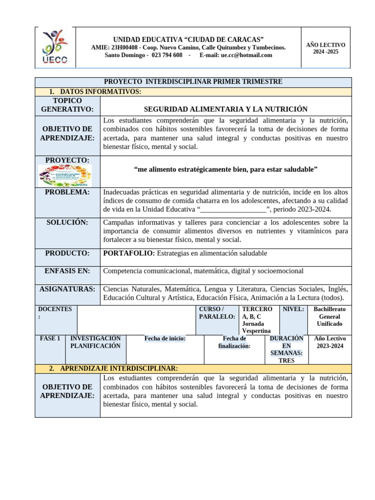 Formato Planificación Proyecto Interdisciplinar Aprobado Junta Académica | PDF | Maestros ...
