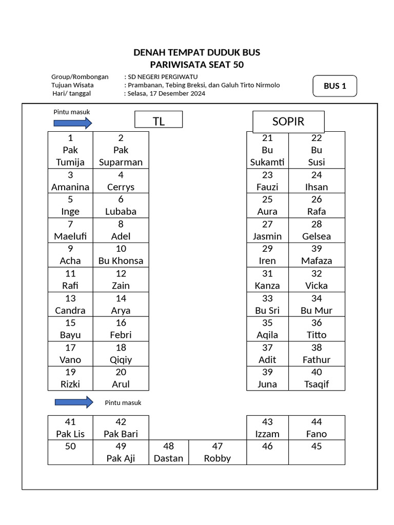 Denah Tempat Duduk Bus Pariwisata Seat 50 | PDF