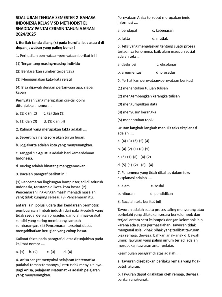 Soal PTS B.indo KLS 5 Sem 2 | PDF