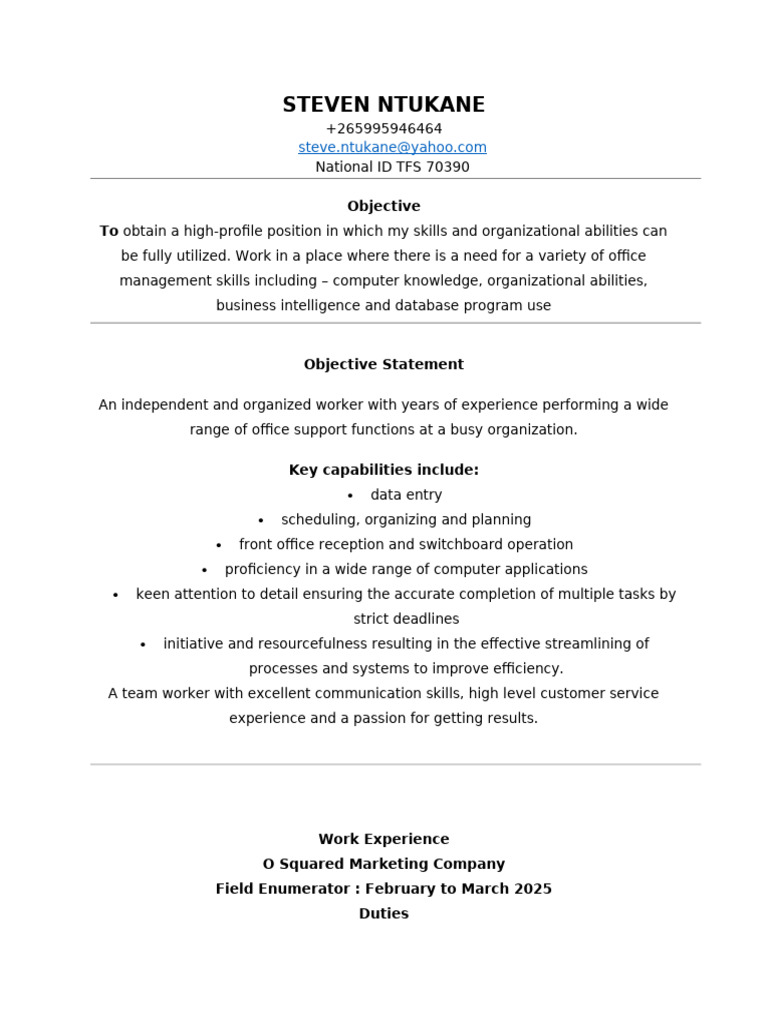 Steven Ntukane's Curriculum Vitae | PDF | Data