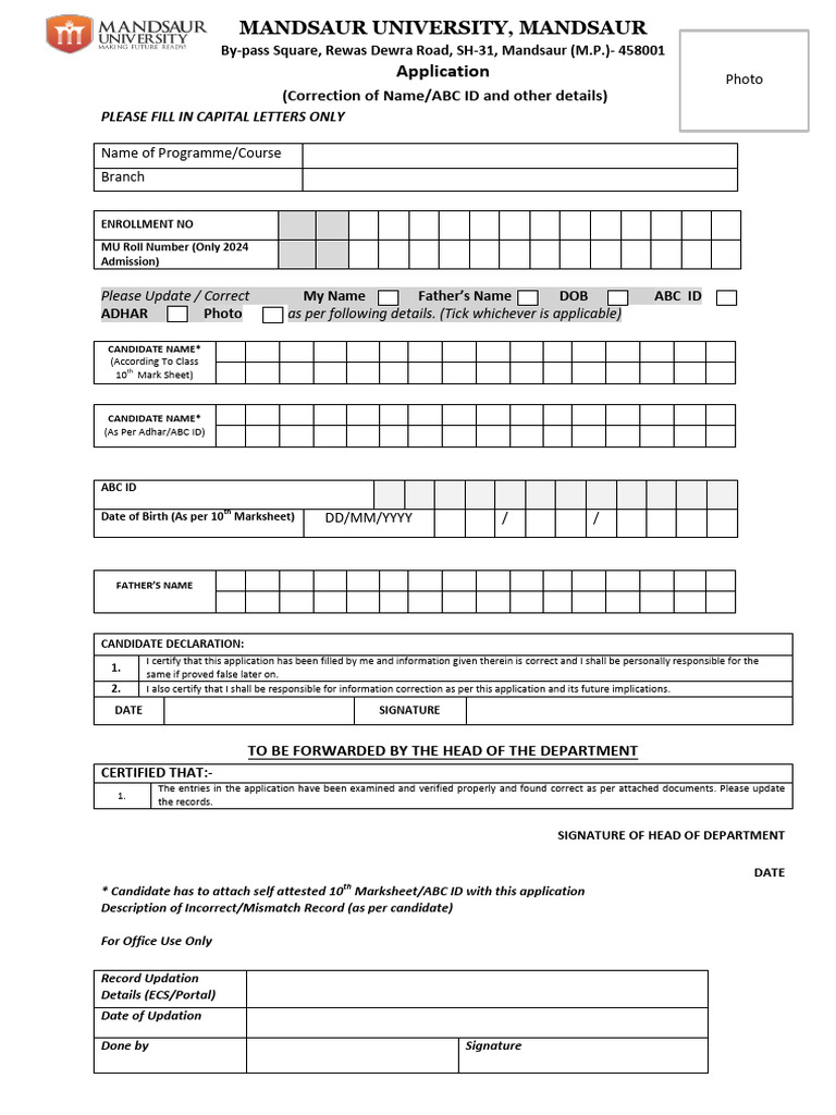 ABC and Name Correction Application Format MU EXAM | PDF
