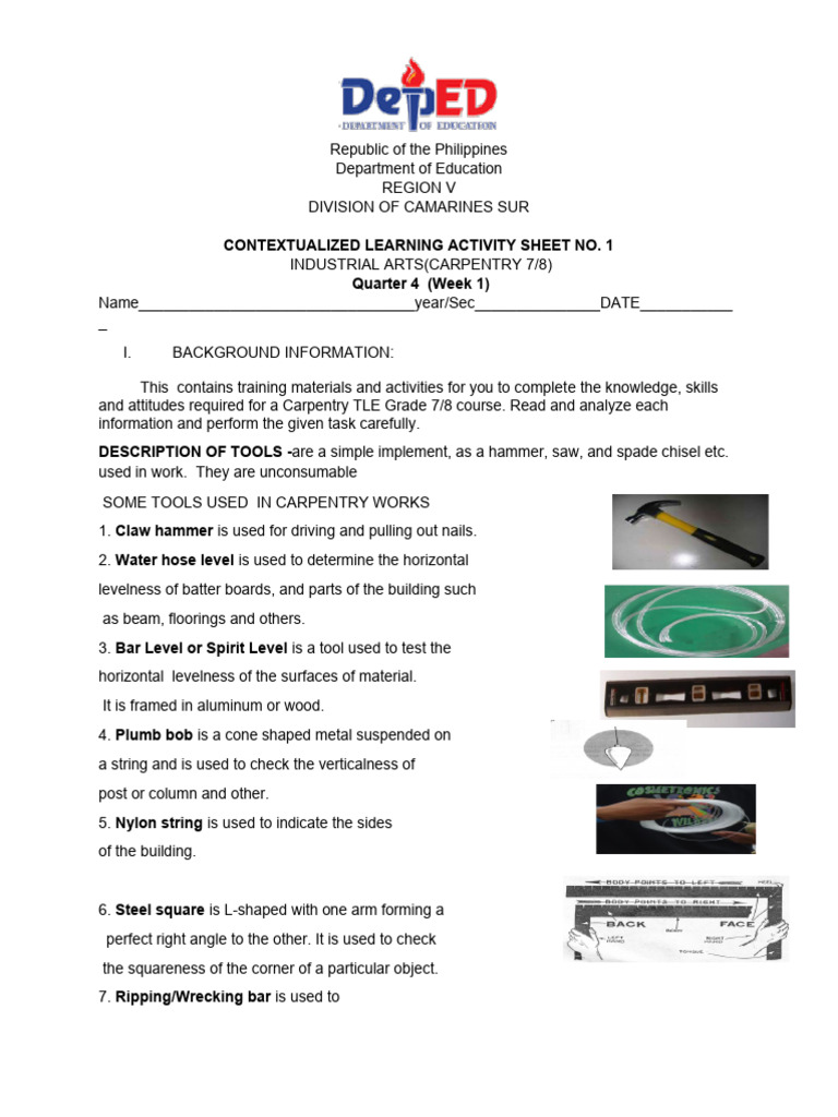 Las 1 Carpentry 7-8 Quarter 4 | PDF | Drill | Screw