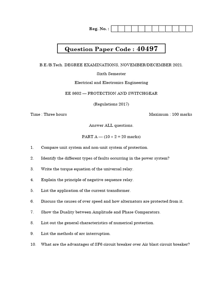 EE8602 Protection and Switchgear Exam 2021 | PDF | Engineering ...