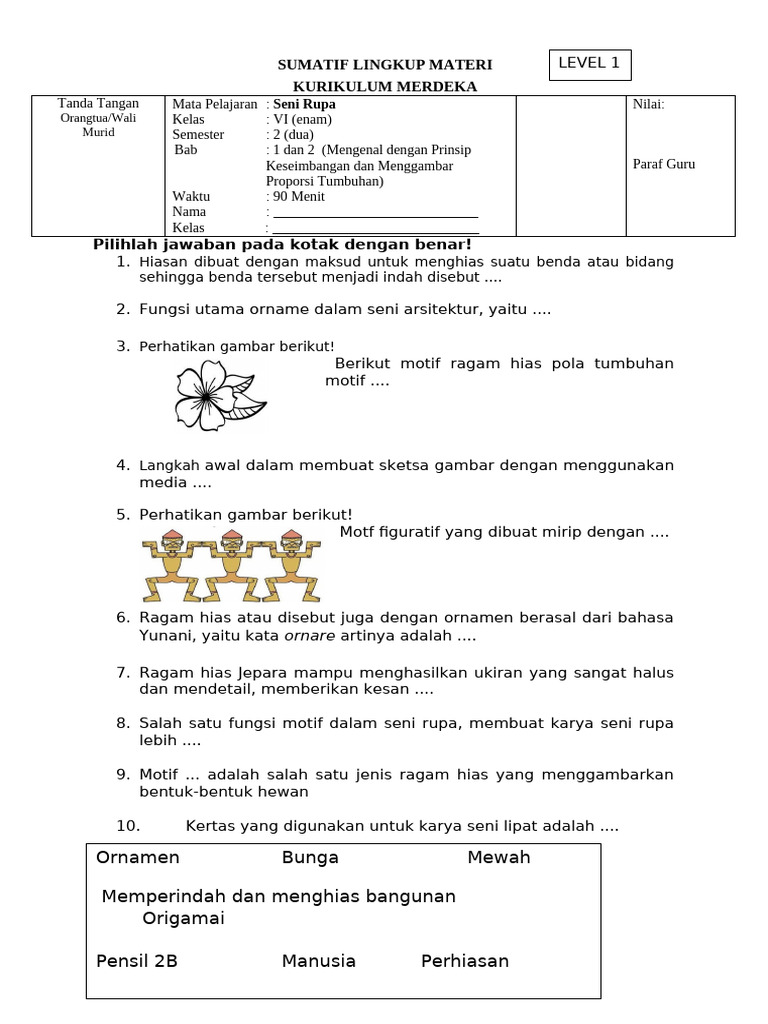 SUMATIF Seni Rupa Bab 1 Dan 2 Semester 2 Level 1 | PDF