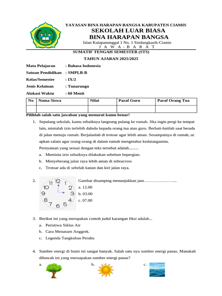 Soal STS Bahasa Indonesia Kelas 9 SMPLB Tunarungu 2025 (Pak Herman) | PDF