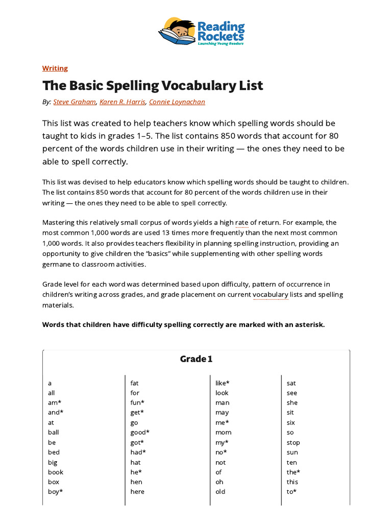 The Basic Spelling Vocabulary List - Reading Rockets | PDF | Vocabulary