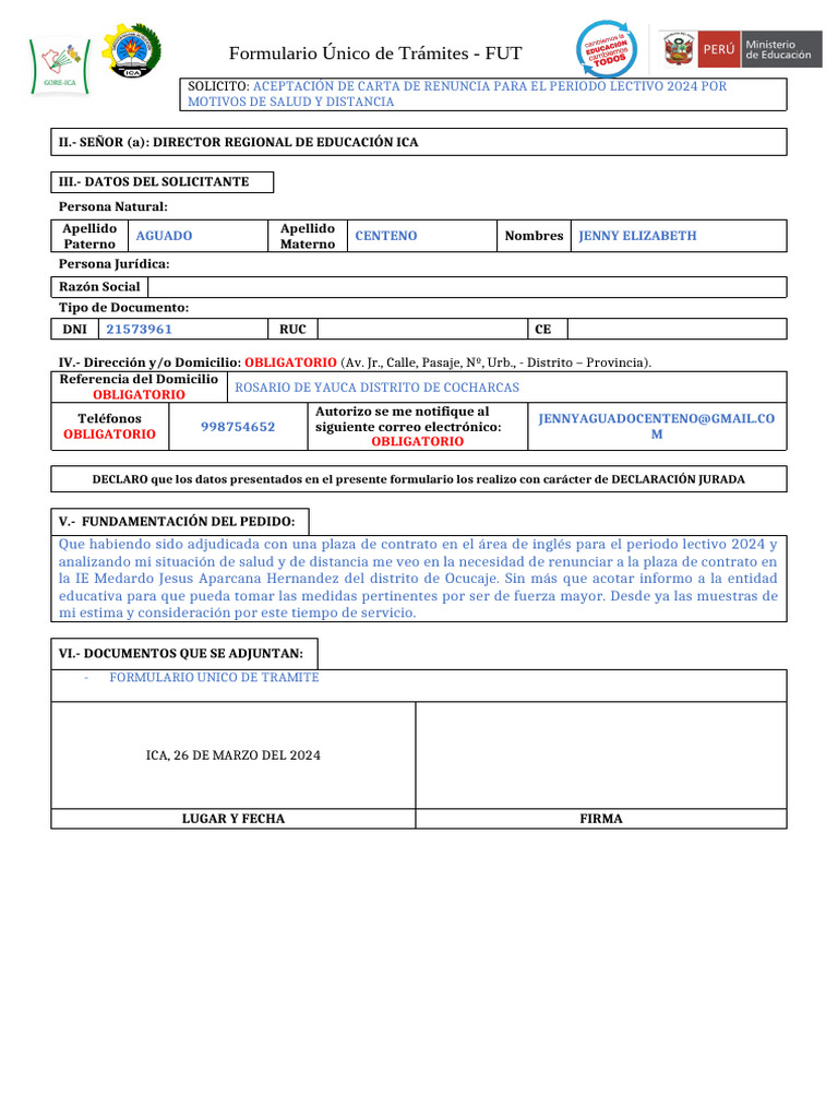 Formulario Unico de Tramite - Dre Ica | PDF