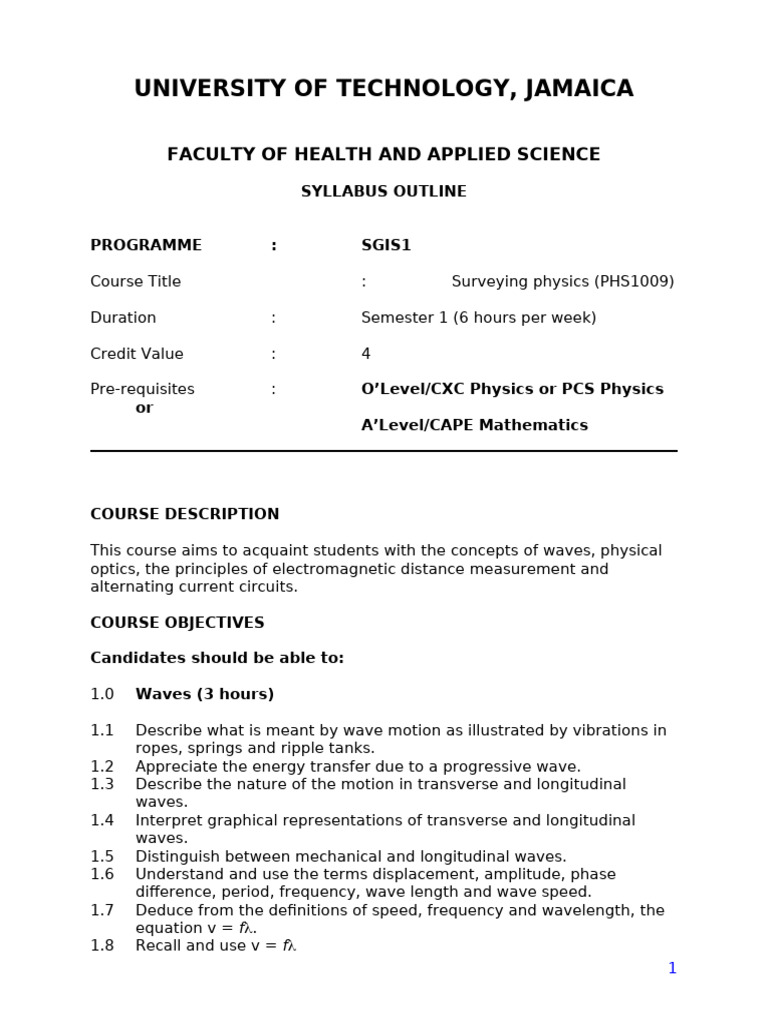 PHS1009 - Syllabus Surveying Physics SGIS (PHS1009) | PDF | Waves | Diffraction