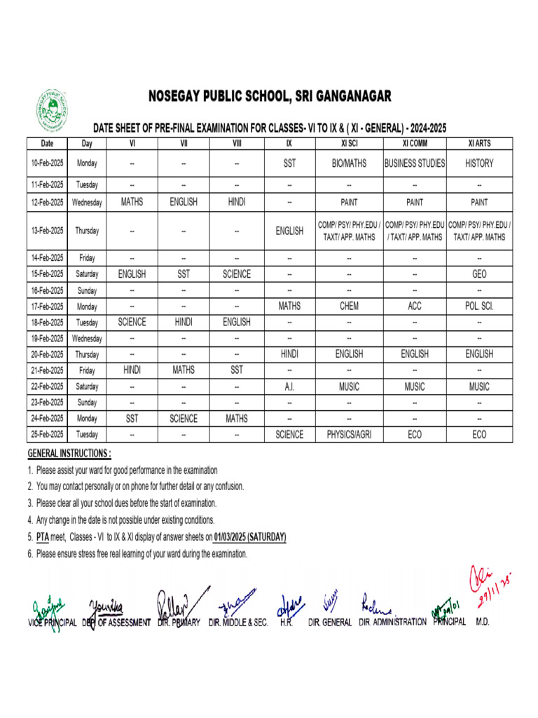 Date Sheet of Pre-Final Examination For Classes - 6 To 9 & (11 ...