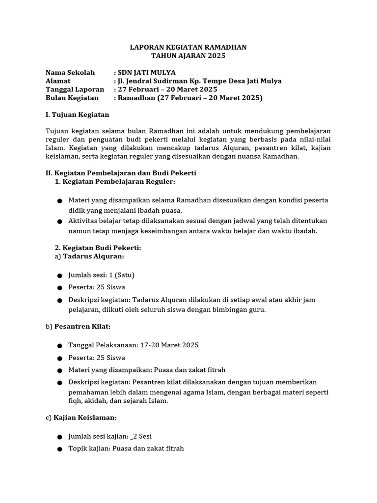 LAPORAN KEGIATAN RAMADHAN KELAS 4a | PDF