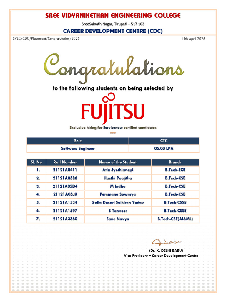 Congratulations Fujitsu (Servicenow) 2025 Batch SVEC | PDF