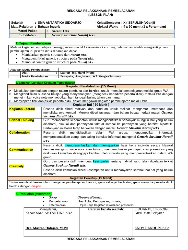 Rencana Pembelajaran Naratif Teks SMA | PDF
