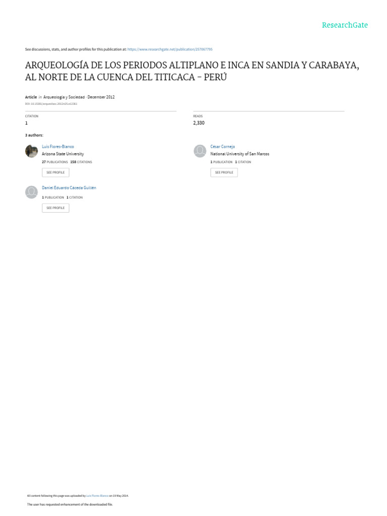 Flores Cornejo Caceda 2012 Arqueologia de Los Periodos Altiplano e Inca en Sandia y Al Norte de ...
