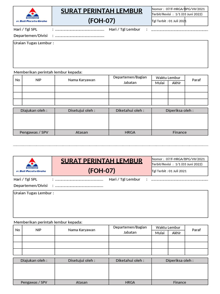FOH-07 Rev Form Surat Perintah Lembur | PDF